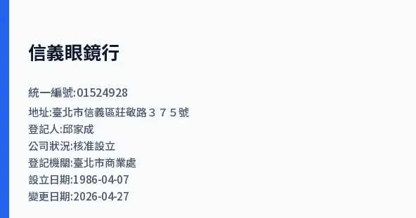 信義眼鏡行的照片-統編 01524928(臺北市) 公司登記資料與營業項目詳細圖表