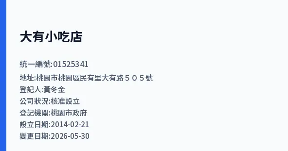 大有小吃店的照片-統編 01525341(桃園市) 公司登記資料與營業項目詳細圖表