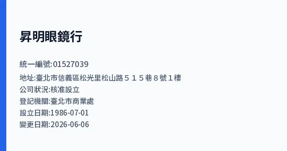 昇明眼鏡行的照片-統編 01527039(臺北市) 公司登記資料與營業項目詳細圖表
