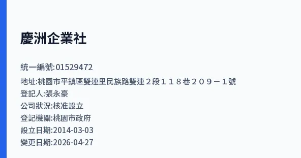 慶洲企業社的照片-統編 01529472(桃園市) 公司登記資料與營業項目詳細圖表