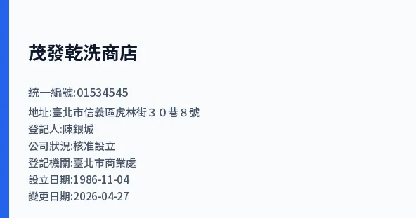 茂發乾洗商店的照片-統編 01534545(臺北市) 公司登記資料與營業項目詳細圖表