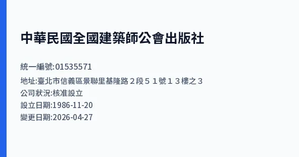 中華民國全國建築師公會出版社的照片-統編 01535571(臺北市) 公司登記資料與營業項目詳細圖表