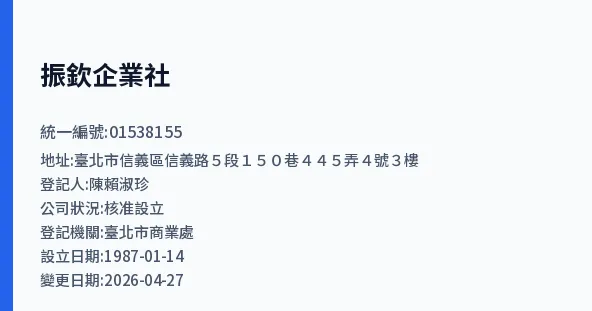 振欽企業社的照片-統編 01538155(臺北市) 公司登記資料與營業項目詳細圖表