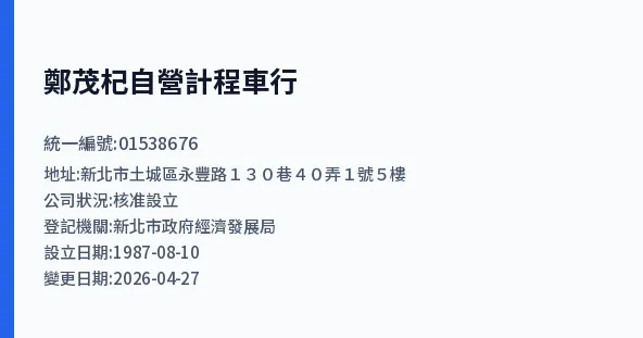 鄭茂杞自營計程車行的照片-統編 01538676(新北市) 公司登記資料與營業項目詳細圖表