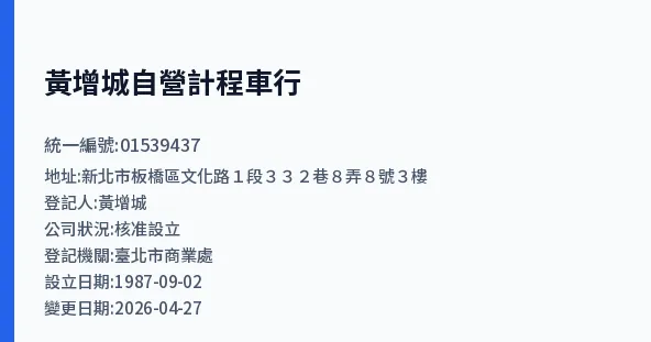 黃增城自營計程車行的照片-統編 01539437(新北市) 公司登記資料與營業項目詳細圖表