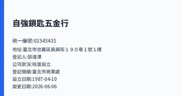 自強鎖匙五金行的照片-統編 01543431(臺北市) 公司登記資料與營業項目詳細圖表