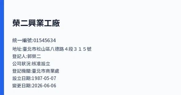 榮二興業工廠的照片-統編 01545634(臺北市) 公司登記資料與營業項目詳細圖表