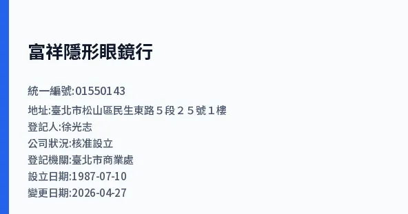 富祥隱形眼鏡行的照片-統編 01550143(臺北市) 公司登記資料與營業項目詳細圖表