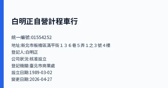白明正自營計程車行的照片-統編 01554252(新北市) 公司登記資料與營業項目詳細圖表