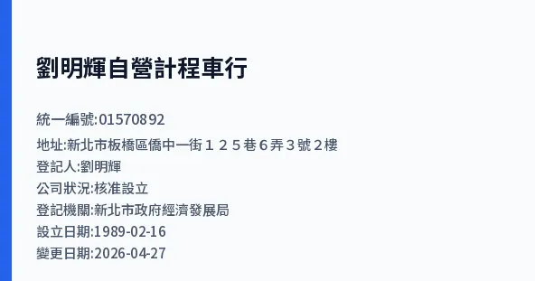 劉明輝自營計程車行的照片-統編 01570892(新北市) 公司登記資料與營業項目詳細圖表