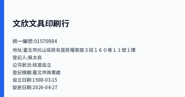 文欣文具印刷行的照片-統編 01570984(臺北市) 公司登記資料與營業項目詳細圖表