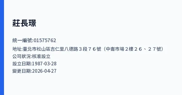 莊長璟的照片-統編 01575762(臺北市) 公司登記資料與營業項目詳細圖表