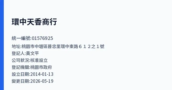 環中天香商行的照片-統編 01576925(桃園市) 公司登記資料與營業項目詳細圖表
