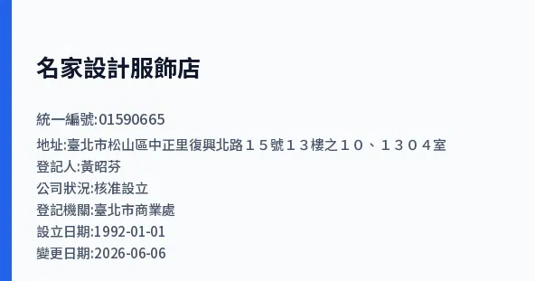 名家設計服飾店的照片-統編 01590665(臺北市) 公司登記資料與營業項目詳細圖表