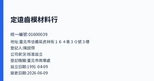 定遠齒模材料行的照片-統編 01600039(臺北市) 公司登記資料與營業項目詳細圖表