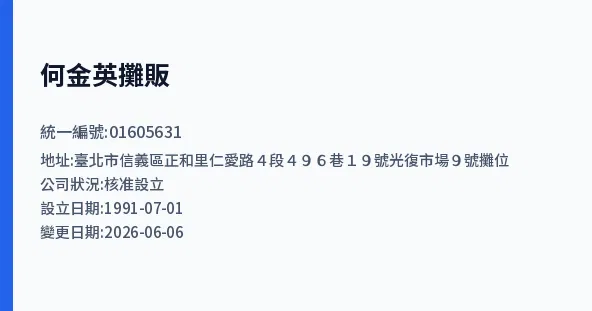 何金英攤販的照片-統編 01605631(臺北市) 公司登記資料與營業項目詳細圖表