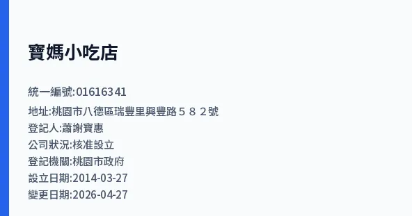寶媽小吃店的照片-統編 01616341(桃園市) 公司登記資料與營業項目詳細圖表