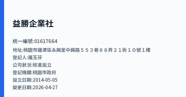 益勝企業社的照片-統編 01617664(桃園市) 公司登記資料與營業項目詳細圖表