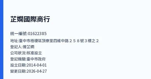 芷嫻國際商行的照片-統編 01622385(臺中市) 公司登記資料與營業項目詳細圖表
