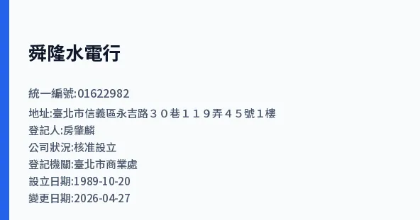 舜隆水電行的照片-統編 01622982(臺北市) 公司登記資料與營業項目詳細圖表
