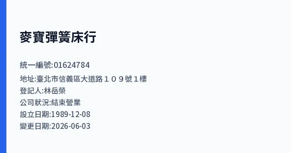 麥寶彈簧床行的照片-統編 01624784(臺北市) 公司登記資料與營業項目詳細圖表
