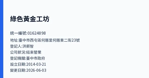 綠色黃金工坊的照片-統編 01624898(臺中市) 公司登記資料與營業項目詳細圖表