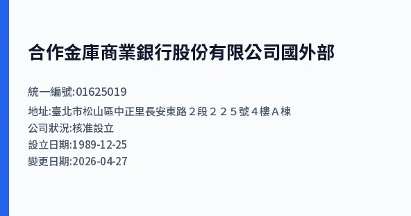 合作金庫商業銀行股份有限公司國外部的照片-統編 01625019(臺北市) 公司登記資料與營業項目詳細圖表