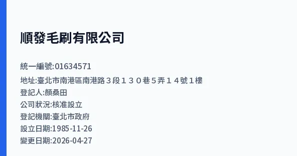 順發毛刷有限公司的照片-統編 01634571(臺北市) 公司登記資料與營業項目詳細圖表