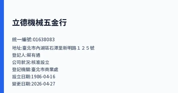 立德機械五金行的照片-統編 01638083(臺北市) 公司登記資料與營業項目詳細圖表