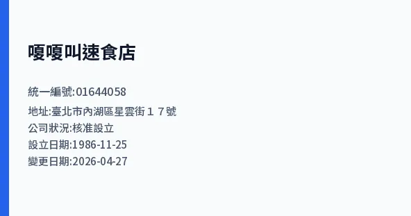 嗄嗄叫速食店的照片-統編 01644058(臺北市) 公司登記資料與營業項目詳細圖表
