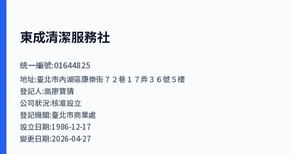 東成清潔服務社的照片-統編 01644825(臺北市) 公司登記資料與營業項目詳細圖表