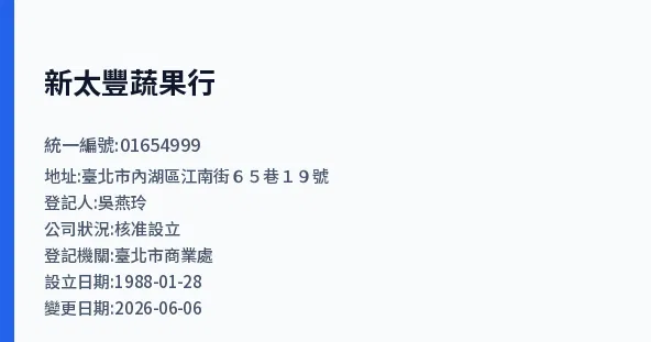 新太豐蔬果行的照片-統編 01654999(臺北市) 公司登記資料與營業項目詳細圖表