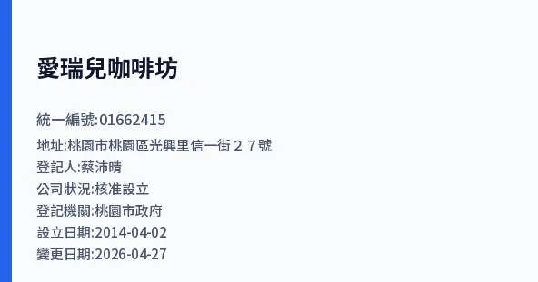 愛瑞兒咖啡坊的照片-統編 01662415(桃園市) 公司登記資料與營業項目詳細圖表