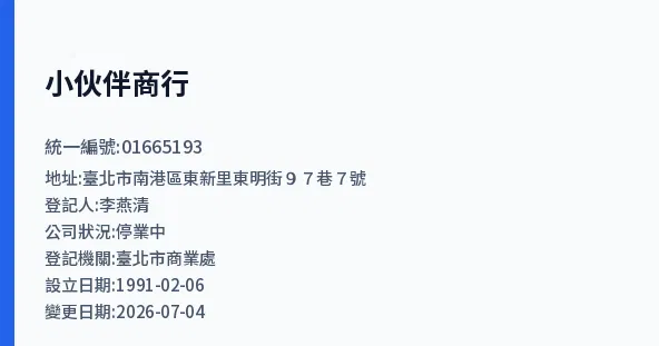 小伙伴商行的照片-統編 01665193(臺北市) 公司登記資料與營業項目詳細圖表
