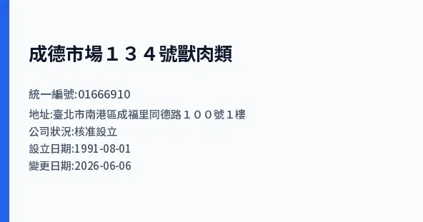 成德市場134號獸肉類的照片-統編 01666910(臺北市) 公司登記資料與營業項目詳細圖表
