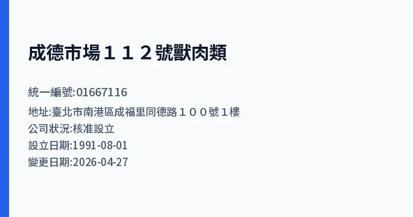 成德市場112號獸肉類的照片-統編 01667116(臺北市) 公司登記資料與營業項目詳細圖表