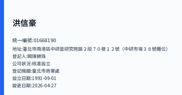 洪信豪的照片-統編 01668190(臺北市) 公司登記資料與營業項目詳細圖表