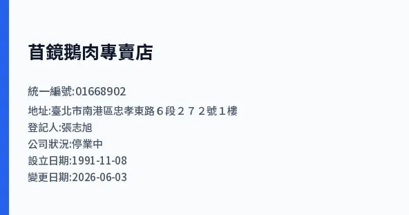 苜鏡鵝肉專賣店的照片-統編 01668902(臺北市) 公司登記資料與營業項目詳細圖表