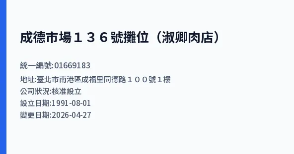 成德市場136號攤位(淑卿肉店)的照片-統編 01669183(臺北市) 公司登記資料與營業項目詳細圖表