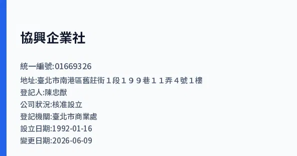 協興企業社的照片-統編 01669326(臺北市) 公司登記資料與營業項目詳細圖表