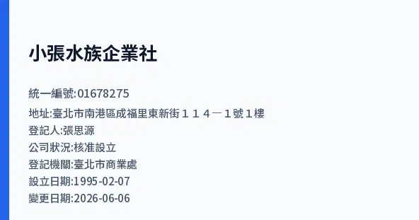小張水族企業社的照片-統編 01678275(臺北市) 公司登記資料與營業項目詳細圖表
