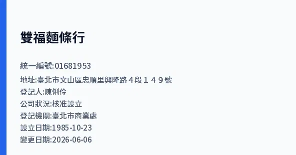 雙福麵條行的照片-統編 01681953(臺北市) 公司登記資料與營業項目詳細圖表