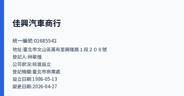 佳興汽車商行的照片-統編 01685542(臺北市) 公司登記資料與營業項目詳細圖表