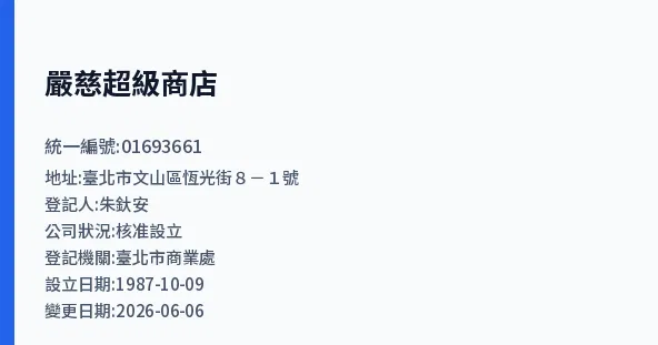 嚴慈超級商店的照片-統編 01693661(臺北市) 公司登記資料與營業項目詳細圖表