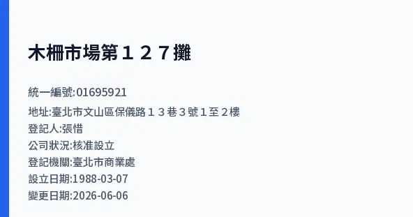 木柵市場第127攤的照片-統編 01695921(臺北市) 公司登記資料與營業項目詳細圖表