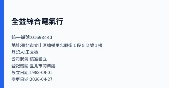 全益綜合電氣行的照片-統編 01698440(臺北市) 公司登記資料與營業項目詳細圖表