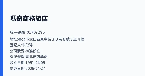 瑪奇商務旅店的照片-統編 01707285(臺北市) 公司登記資料與營業項目詳細圖表