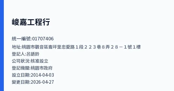 峻嘉工程行的照片-統編 01707406(桃園市) 公司登記資料與營業項目詳細圖表