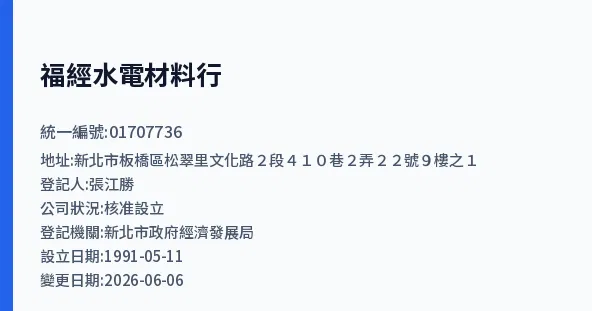 福經水電材料行的照片-統編 01707736(新北市) 公司登記資料與營業項目詳細圖表