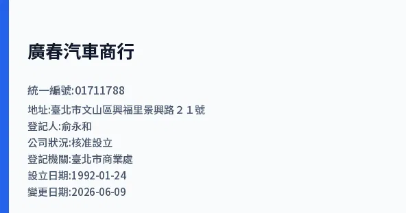 廣春汽車商行的照片-統編 01711788(臺北市) 公司登記資料與營業項目詳細圖表